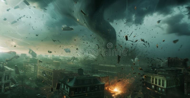 Dramatic Scene of a Powerful Tornado Devastating a Bustling City with ...