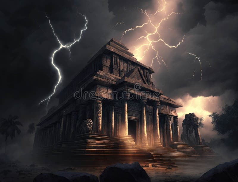 A Dramatic Scene of a Raging Thunderstorm Atop an Ancient Temple ...