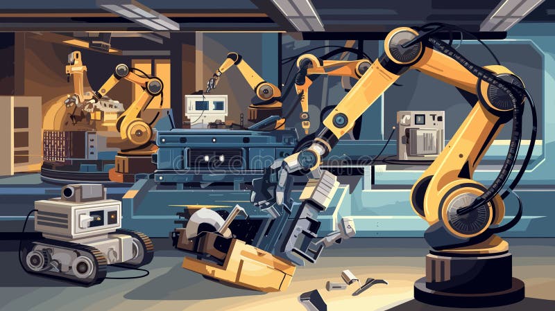 A Dramatic Scene of a Robotic Arm Performing a Repair while Other ...