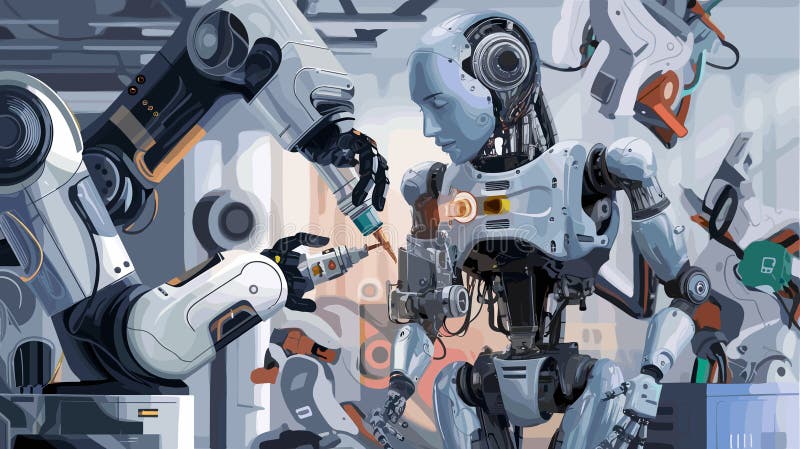 A Dramatic Scene of a Robotic Arm Performing a Repair while Other ...