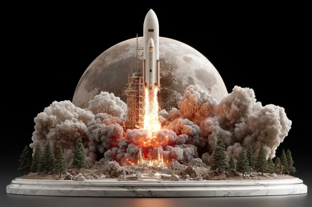 Spectacular Rocket Launch with Billowing Smoke and the Moon Backdrop ...