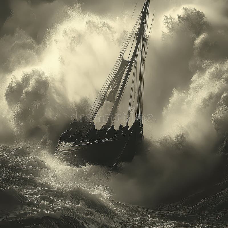 Dramatic Scene Sailboat Battling Powerful Ocean Waves Storm Stock ...