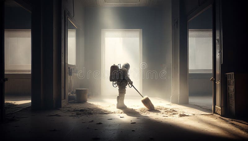 Dramatic Scene of a Scientist Cleaning an Old, Dusty, Empty Room with ...