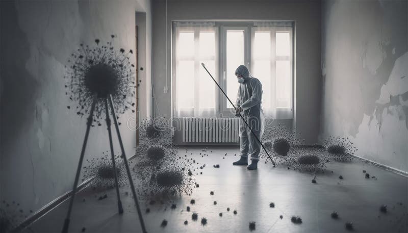 Dramatic Scene of a Scientist Cleaning an Old, Dusty, Empty Room with ...