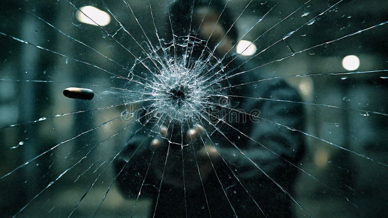 Dramatic Scene Showing a Bullet Impacting Shattered Glass, Creating a ...