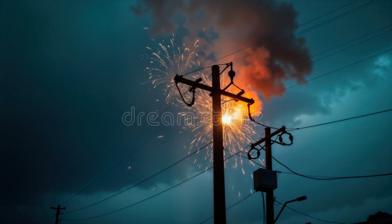 Dramatic Scene Shows Electrical Pole with Sparks, Smoke. High Voltage ...