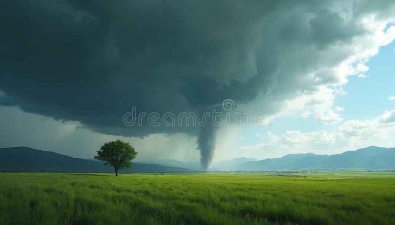Dramatic Scene Shows Powerful Tornado Forming in Distance Over Green Grassy Plain with Lone Tree ...