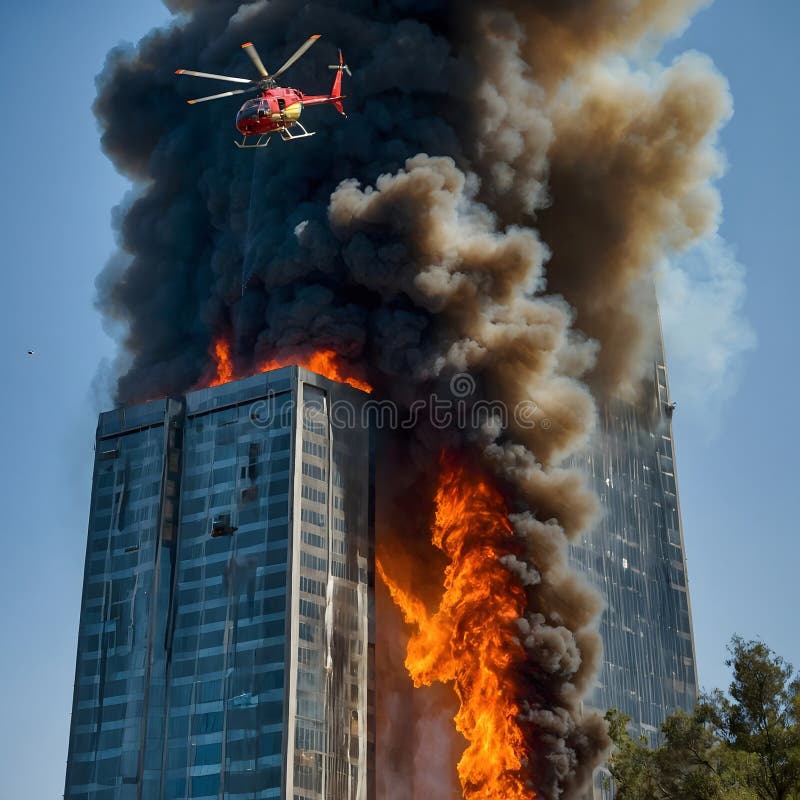 Dramatic Scene of a Skyscraper on Fire with Helicopter Water Drops ...