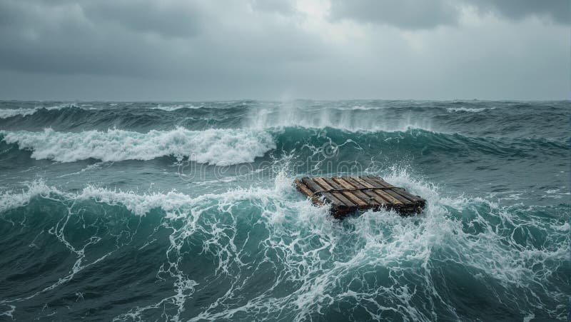 Dramatic Scene of a Small Wooden Raft Battling Huge Waves in a Stormy ...