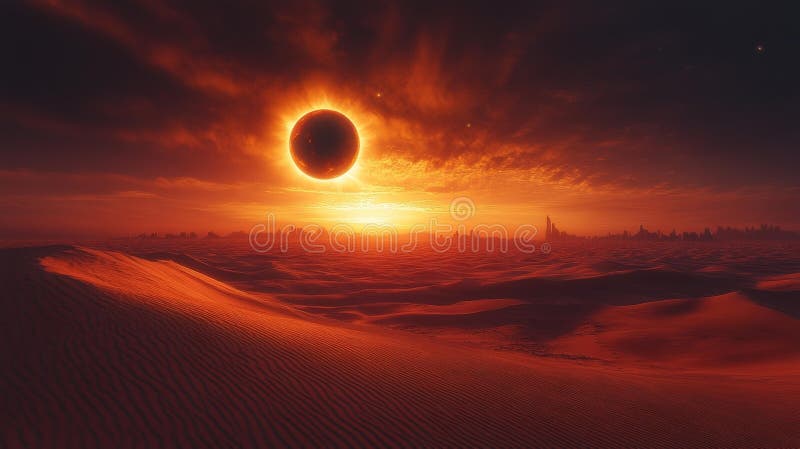 A Solar Eclipse Over a Desert with Dramatic Lighting Creating Stunning Shadows on Sand Dunes ...