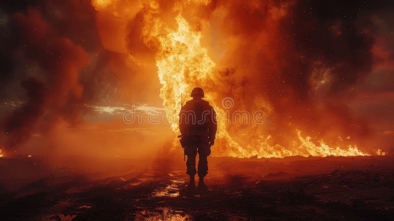 Dramatic Scene of a Soldier Walking Towards a Massive Explosion in a ...
