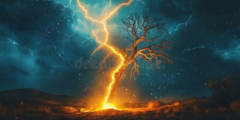 A Dramatic Scene of a Striking Lightning Bolt Hitting a Tree during a ...