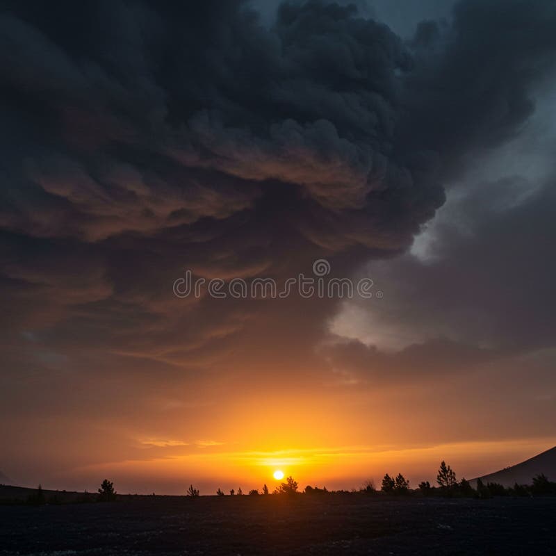 Dramatic Scene of a Sunset with the Sun Near the Horizon, Partially ...