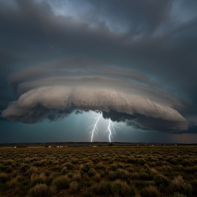 Thunderstorm Supercell with Giant Lightning Over Desert , Made with ...