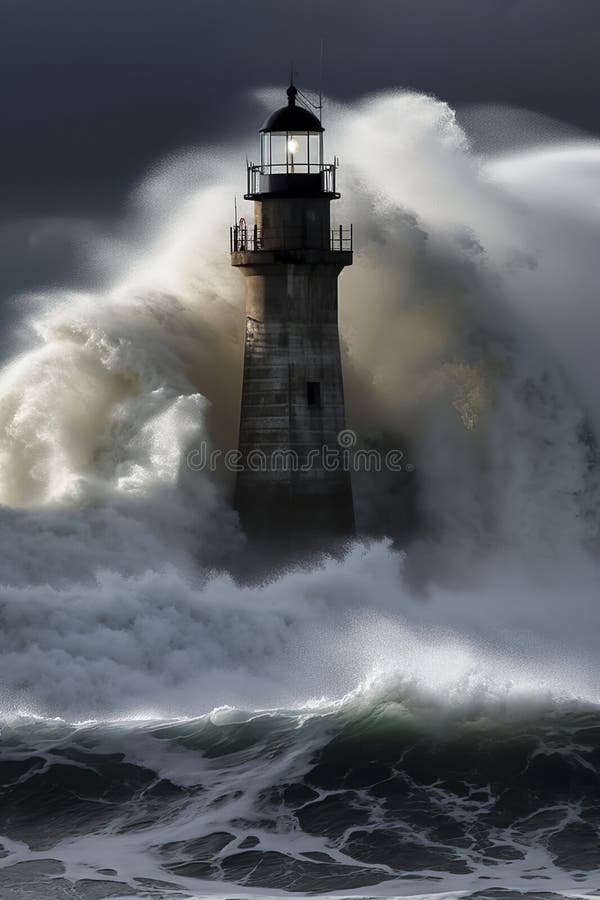 Dramatic Scene of a Tall Lighthouse Being Hit by a Large, Foamy Wave ...