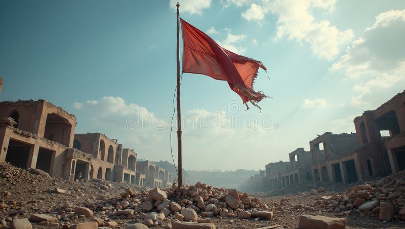 Dramatic Scene of Tattered Flag on Ruined Building Stock Illustration ...