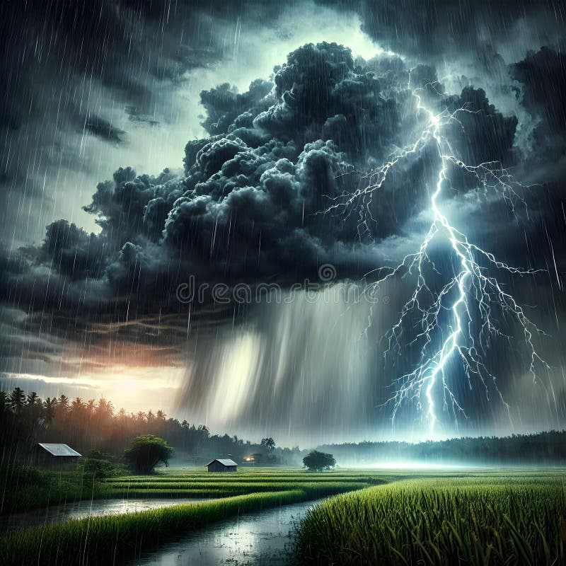 A Dramatic Scene of a Thunderstorm with Heavy Rain, Lightning Striking ...