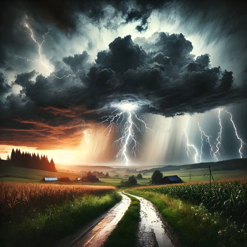 A Dramatic Scene of a Thunderstorm with Heavy Rain, Lightning Striking ...
