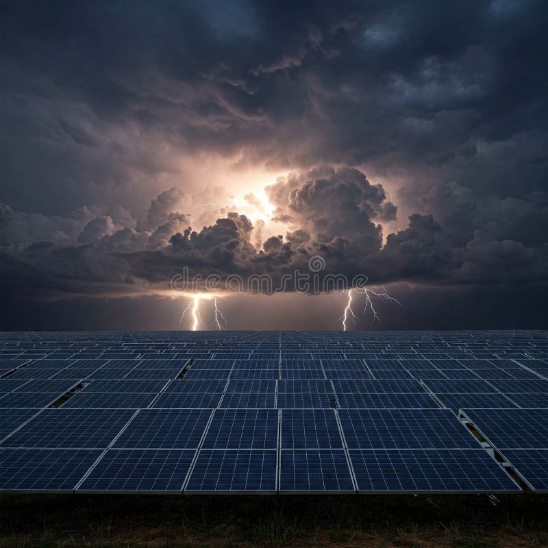 Dramatic Thunderstorm Rolling in Behind a Flat Solar Farm Stock ...