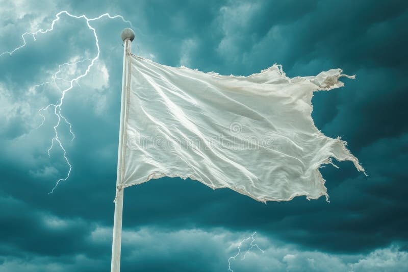 Dramatic Scene of Torn White Flag Against Dark Stormy Sky with ...