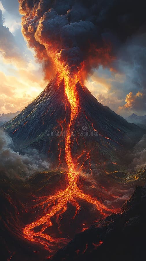 Towering Volcano Erupting with Molten Lava Flow Stock Illustration ...