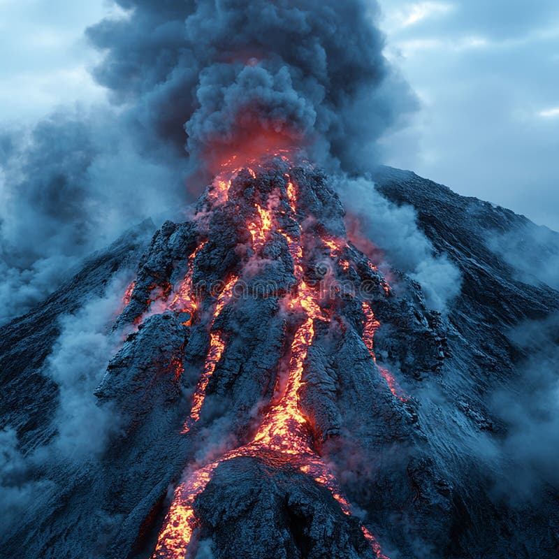 Towering Volcano Erupting with Molten Lava Flow Stock Illustration ...