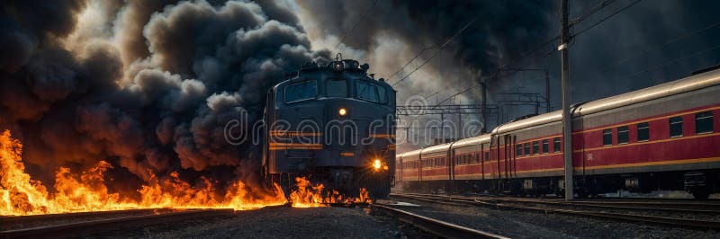 Dramatic Scene of Train on Fire at Train Station, Smoke Billowing ...