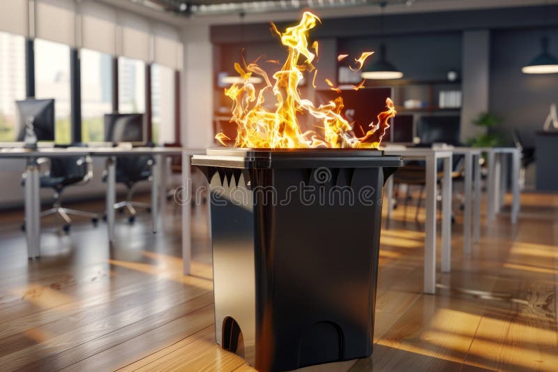 Dramatic Scene of a Trash Can on Fire in Modern Office Setting ...