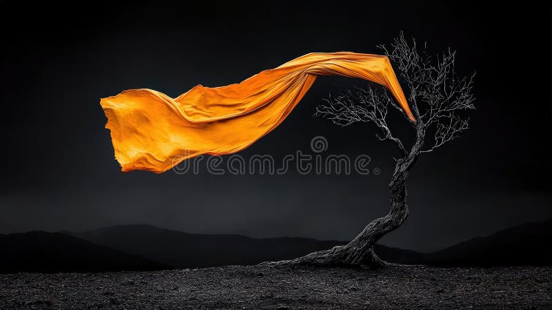 A Dramatic Scene of a Tree Wrapped in an Orange Fabric Against a Dark ...