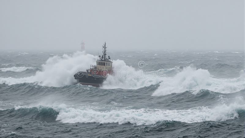 Dramatic Scene of a Tugboat in Stormy Seas Waves Crashing Over Deck ...