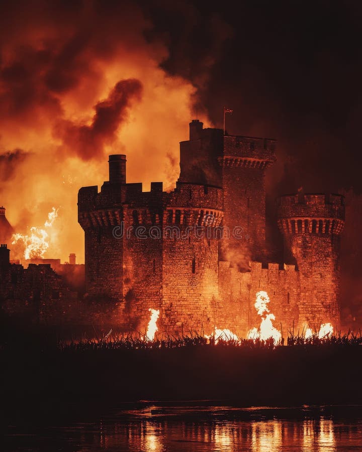 A Dramatic Scene Unfolds As Flames Engulf a Medieval Castle. the Fire ...