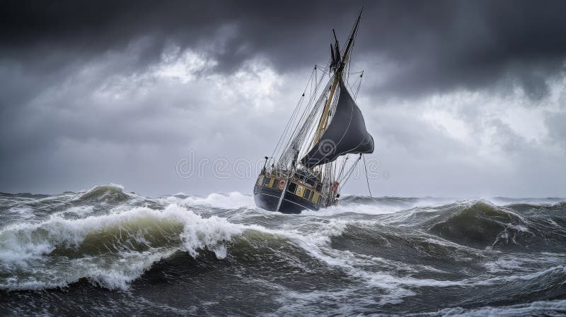 A Dramatic Scene Unfolds As a Ship Bravely Navigates through Powerful ...