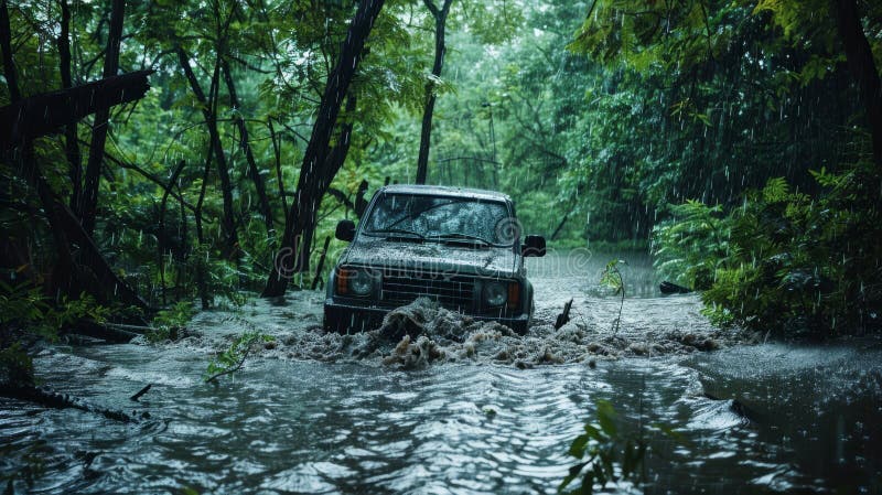 Dramatic Scene of a Vehicle Stranded in Floodwaters on a Wooded Path ...