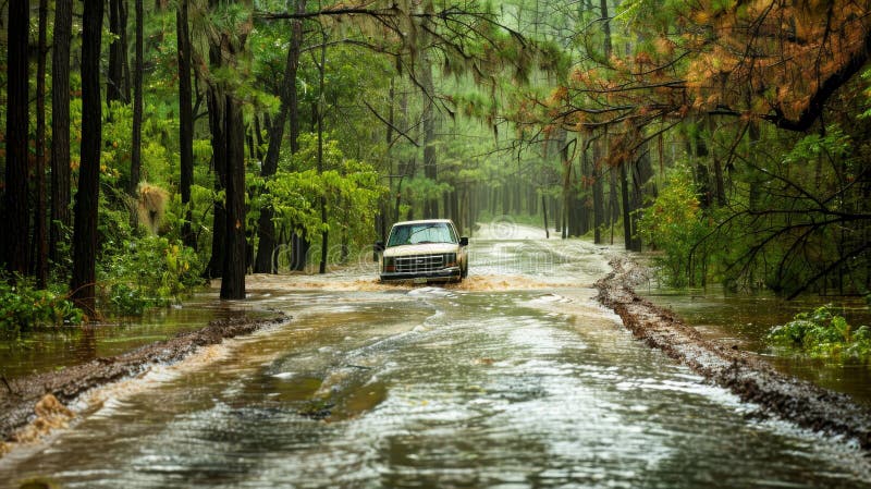 Dramatic Scene of a Vehicle Trapped in Floodwaters on a Wooded Path ...