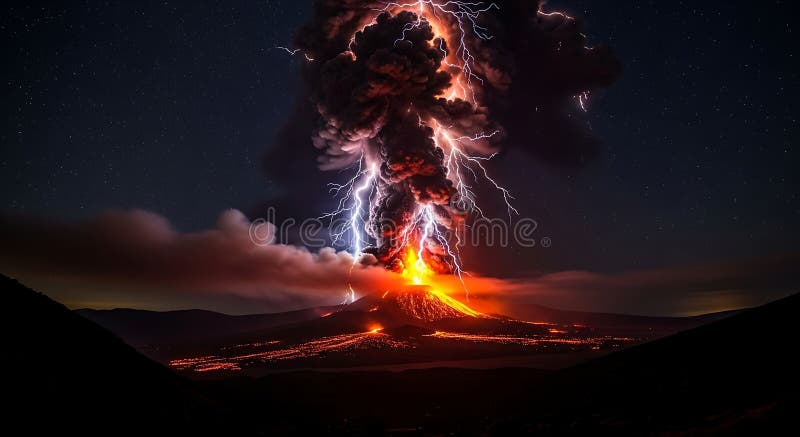 Volcanic Eruption with Lightning at Night Stock Illustration ...