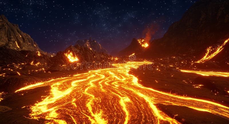 Dramatic Scene Volcano Erupting Night Lava Flow Starry Sky Stock Photos ...