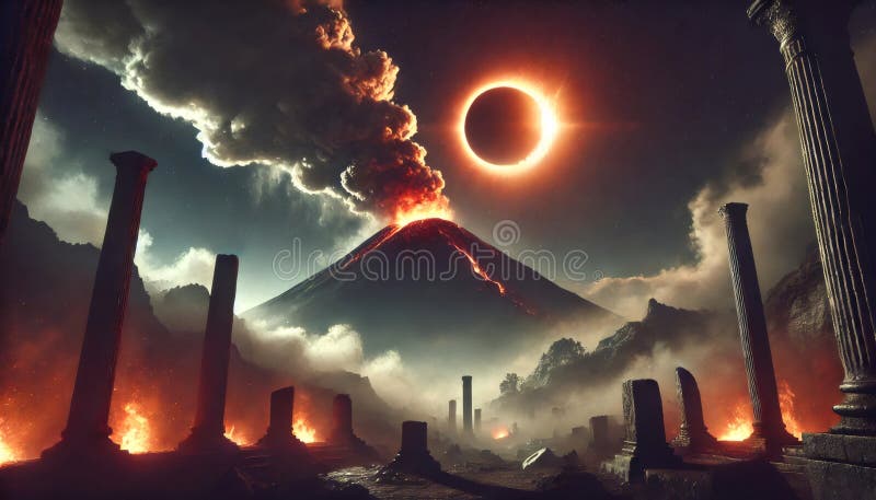 Volcano Erupting during a Solar Eclipse with Ancient Ruins Burning in ...