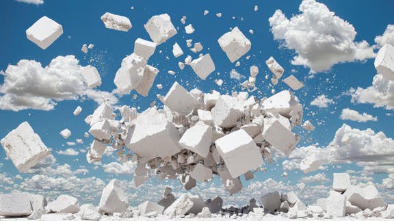 A Dramatic Scene of a White Cube Explosion Against a Blue Sky with ...