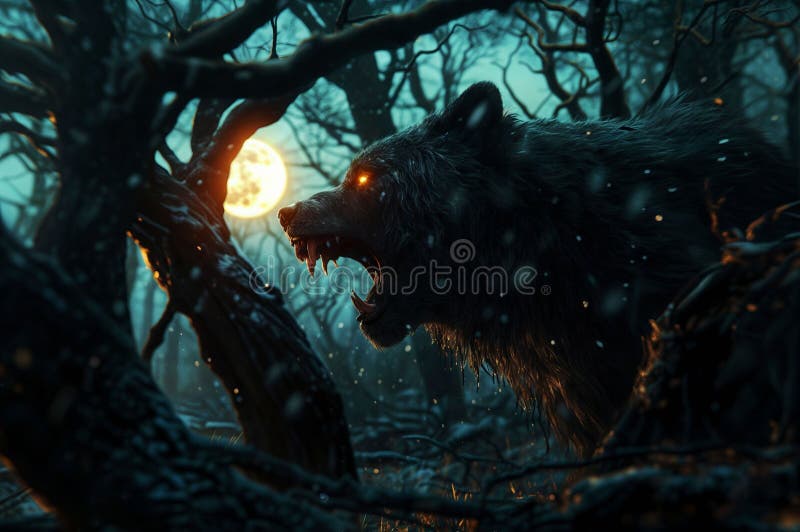 A Dramatic Scene of a Wolf with Glowing Eyes Snarling in a Dark Forest ...