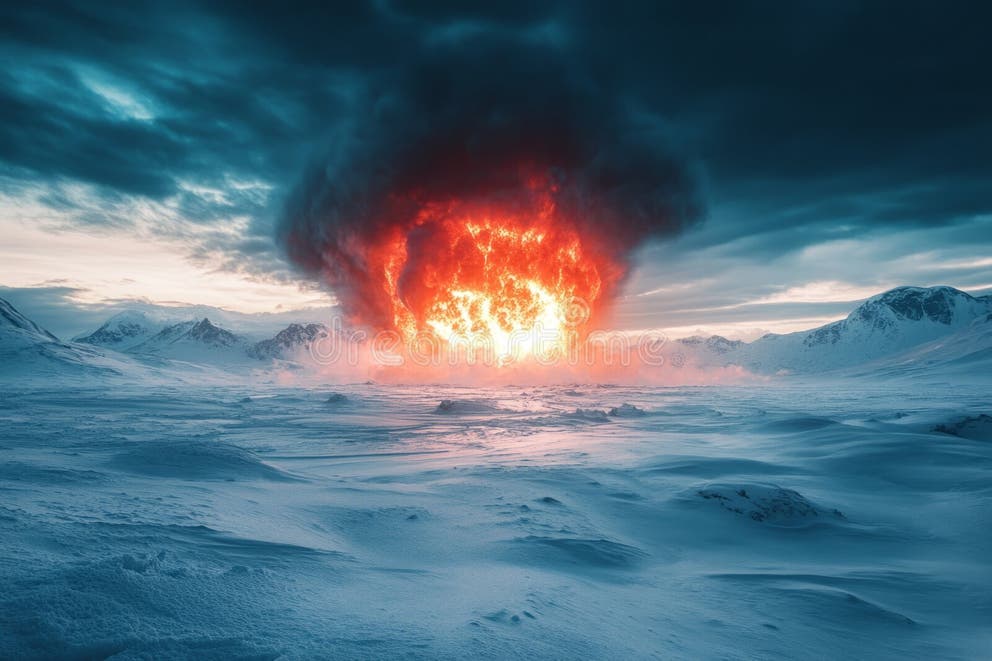 Dramatic Scenery of a Massive Fireball Exploding Over a Snow-covered ...