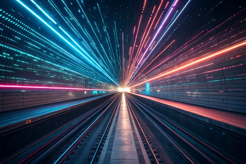 Futuristic Data Flow Explosion with Neon Rays Stock Illustration ...