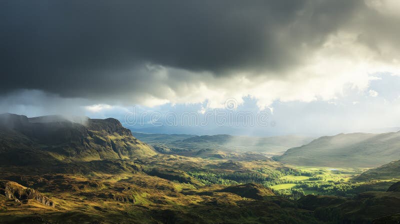 Dramatic Scottish Highlands Valley Landscape, Sun Rays through Storm ...
