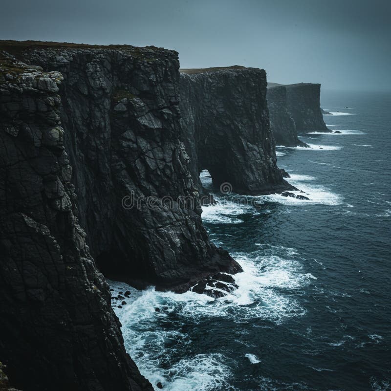Dramatic Sea Cliffs Under a Cloudy Sky with Dark, Rugged Rock ...