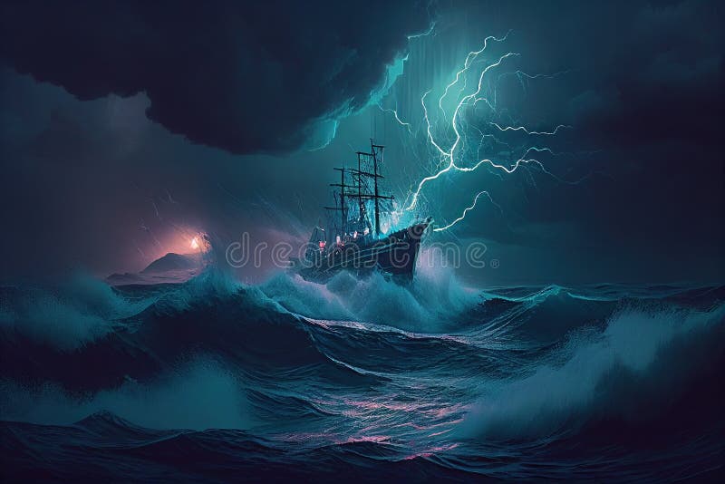 Dramatic Sea Dark Sky Thunderstorm Ghost Ship Generative AI Stock ...