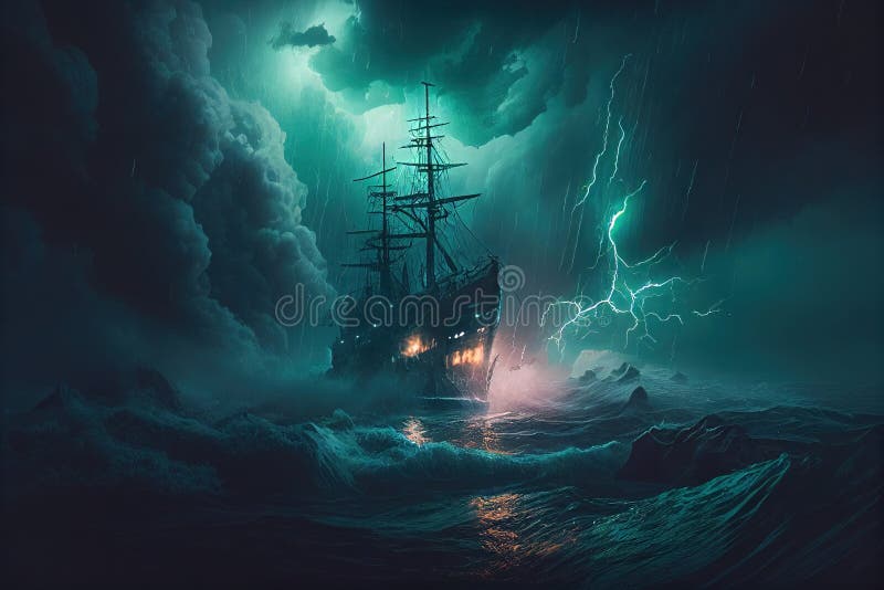 Dramatic Sea Dark Sky Thunderstorm Ghost Ship Generative AI Stock Image ...