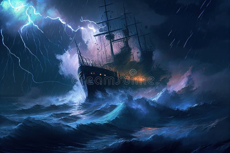 Dramatic Sea Dark Sky Thunderstorm Ghost Ship Generative AI Stock ...