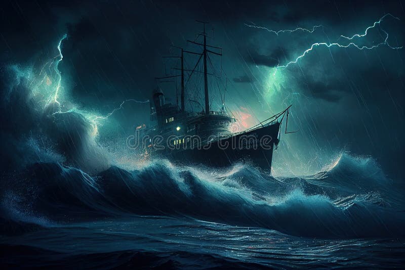 Dramatic Sea Dark Sky Thunderstorm Ghost Ship Generative AI Stock ...