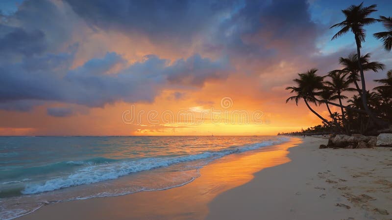 Dramatic Sea Sunrise Over Tropical Island Beach With Exotic Coconut