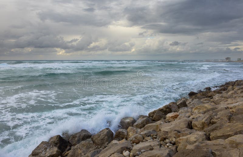 Dramatic Sea View with Storm Clouds in Haifa Stock Image - Image of ...