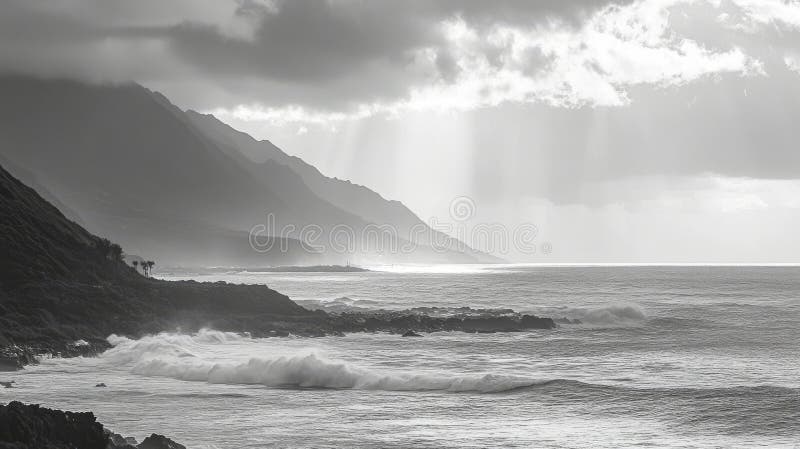 Dramatic Sea Waves Pound Against Mountain Peaks Under a Dark and ...